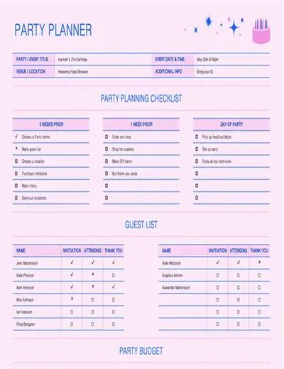 Party Planning Worksheet Printable